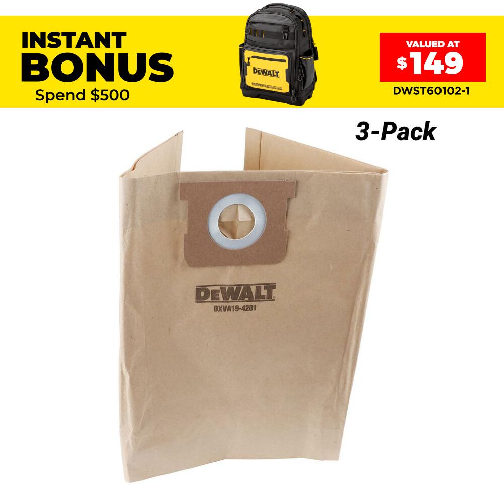 DeWalt DXVA19-4201 3-Pack Paper Vacuum Bags suits 23L - 38L Wet/Dry Vacuums