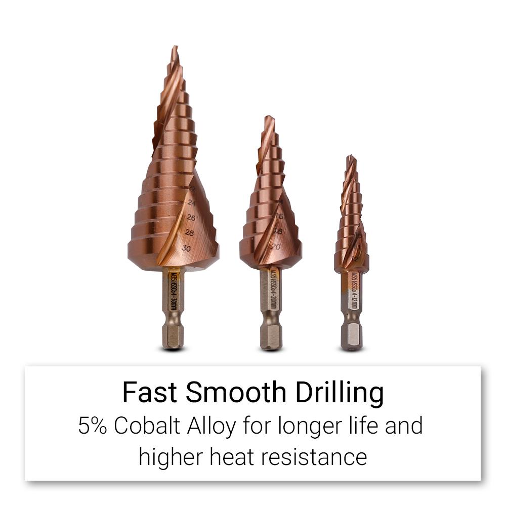 Xtorque XM353HC 3pce Metric M35 Cobalt Steel Spiral Flute Step Drill Bit Set