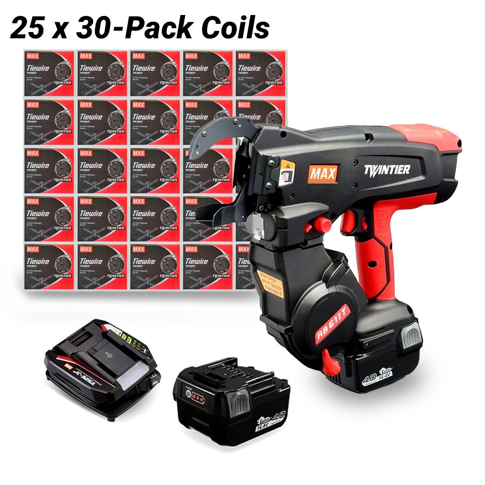 MAX RB611T-25PCK 14.4V 4.0Ah Li-ion Cordless Brushless TwinTier Rebar Tie Gun Combo Kit with 25 ...