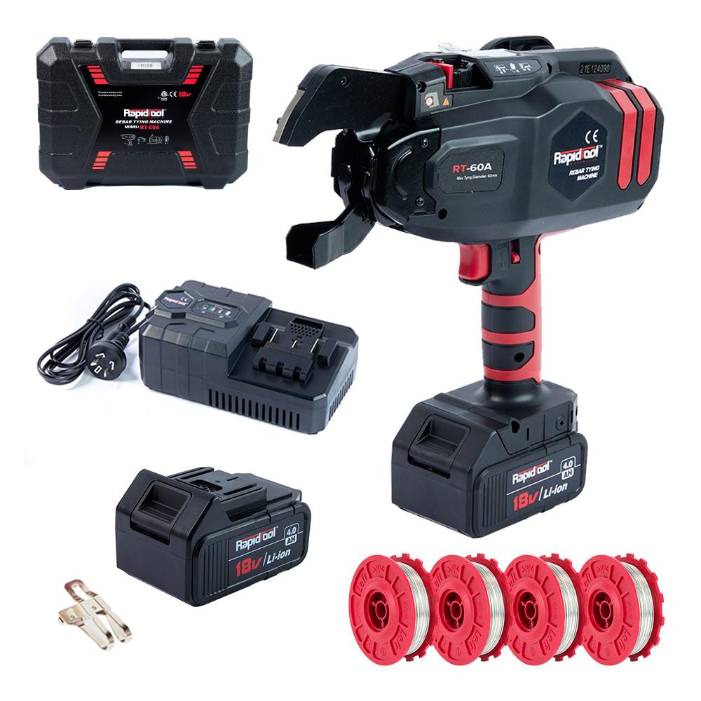 RAPIDTOOL RT-60A 18V 4.0Ah Li-ion Cordless Brushless 30mm - 60mm Rebar Tying Machine Combo Kit