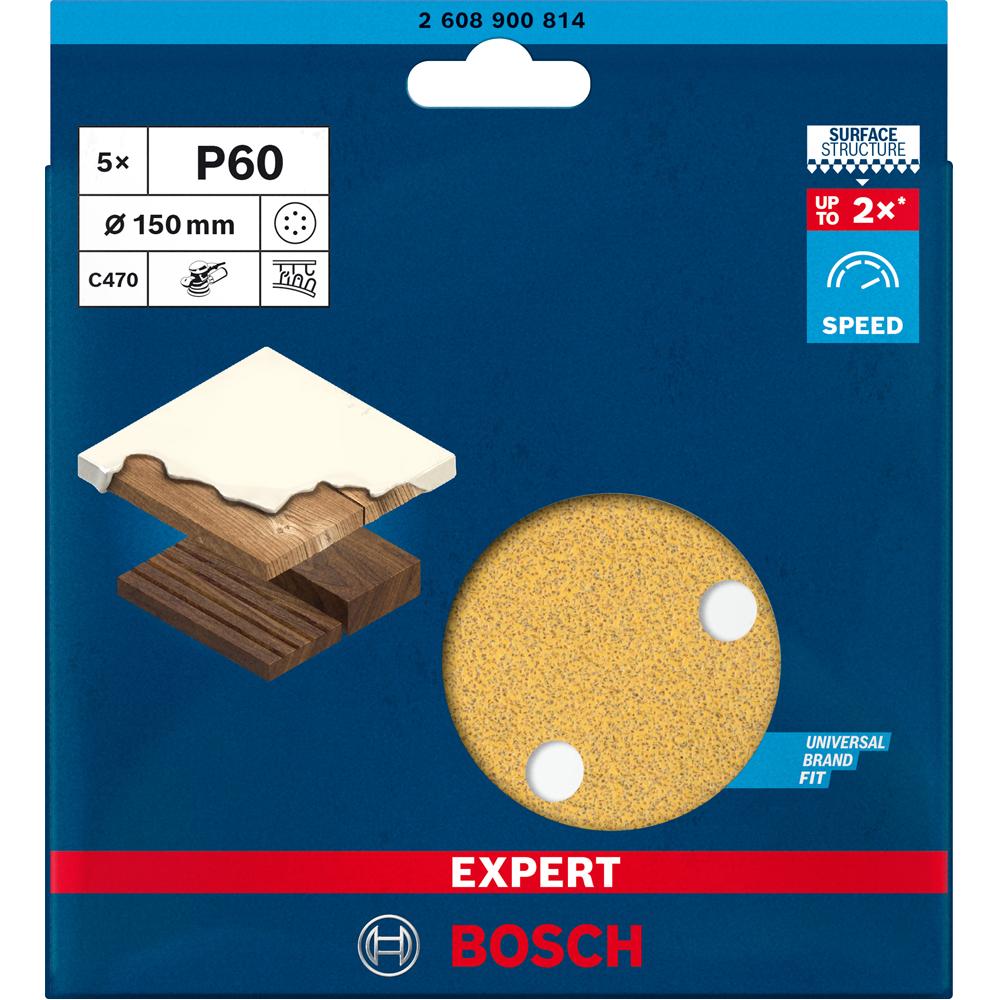 Bosch 2.608.900.814 EXPERT 5-Pack 150mm (6”) 60 Grit C470 Sandpaper ...