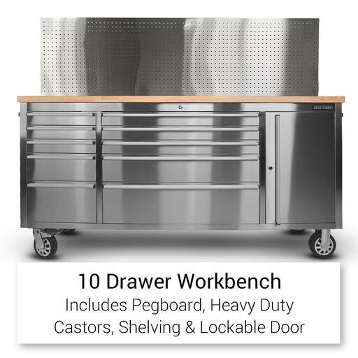 Daytona DTWBSS72P 1828mm (72") Silver Series 10 Drawer Trolley Work Bench with Peg Board ...