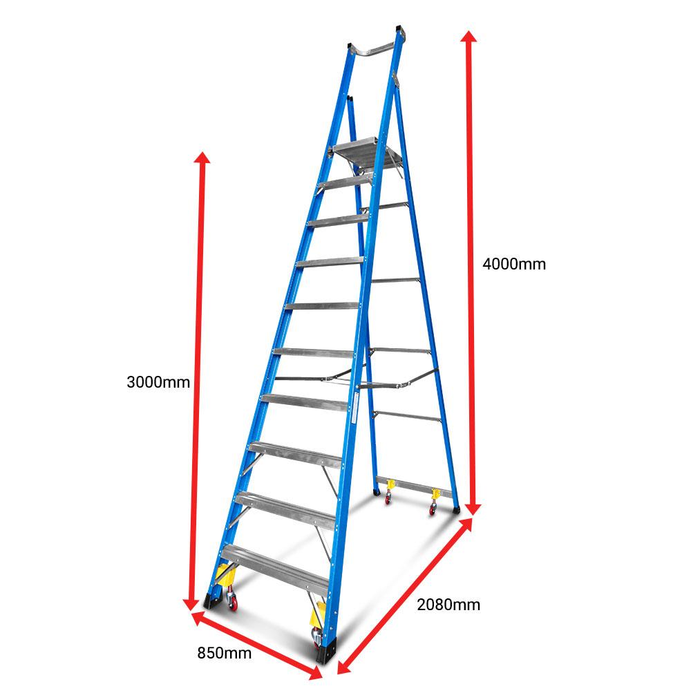 Climbrite CSTEP10 3.0m 10-Step Fibreglass Platform Ladder On Wheels