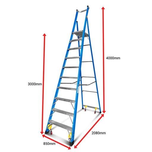 Climbrite CSTEP10 3.0m 10-Step Fibreglass Platform Ladder On Wheels