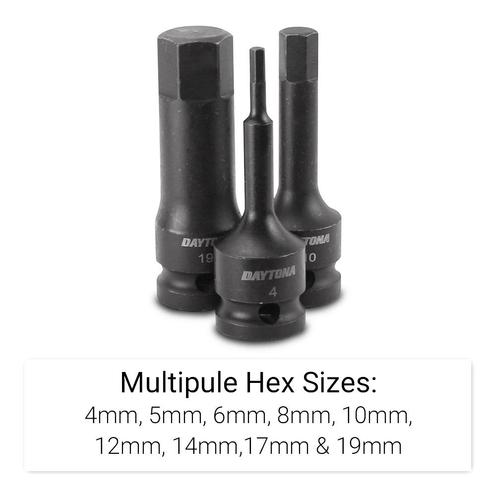Daytona DHIS9 9pce 1/2" H4-H19 Metric Hex Impact Socket Bit Set On Rail