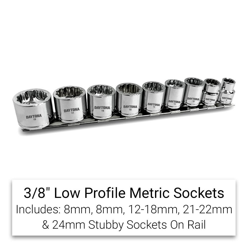 Daytona DSS938 9pce 3/8" Low Profile Metric Stubby Sockets On Rail