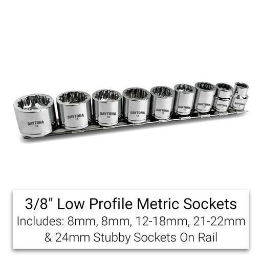 Daytona DSS938 9pce 3/8" Low Profile Metric Stubby Sockets On Rail