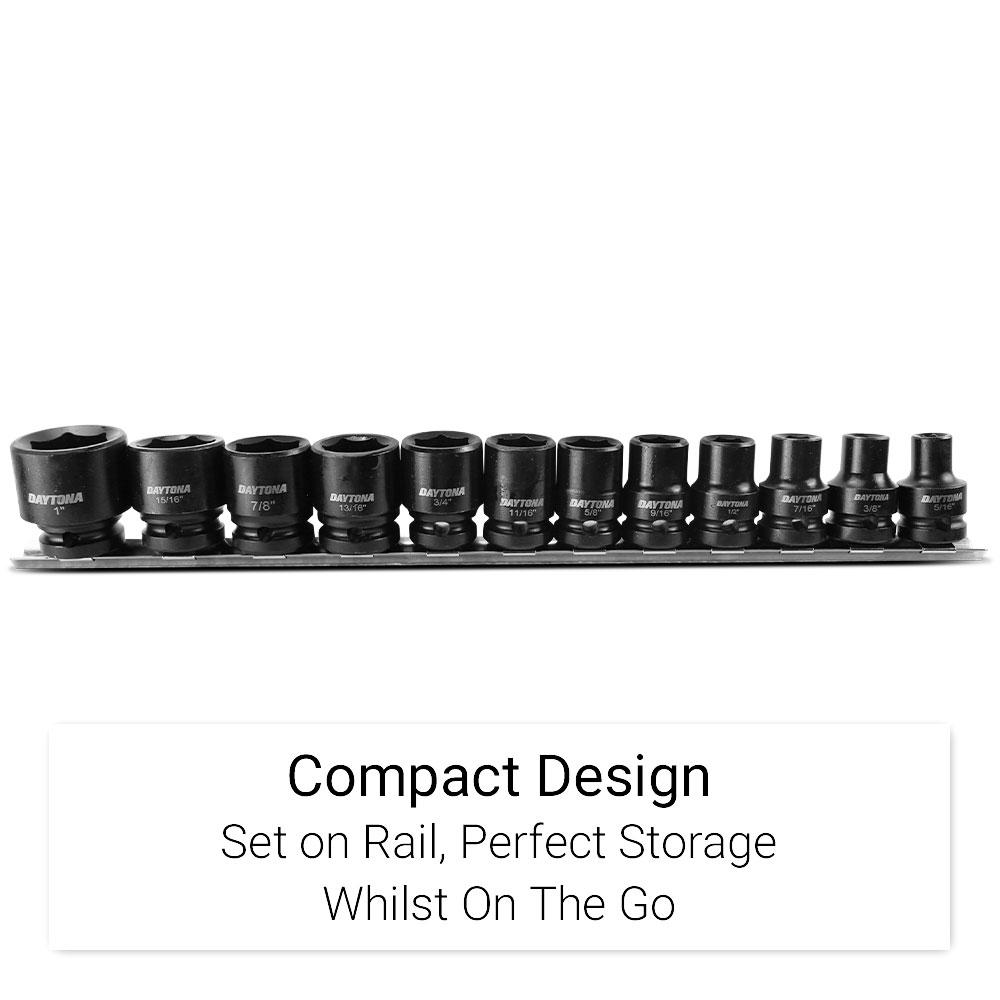 Daytona DIIS1212 12pce 1/2" Imperial 6 Point Impact Socket Set On Rail