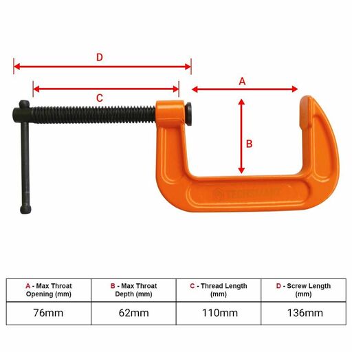 Techsmart TGPGC3 76mm (3") General Purpose G Clamp