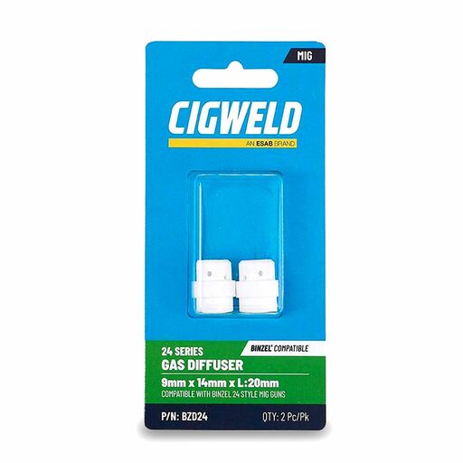 Cigweld BZD24 2-Pack 9mm x 14mm x L:20mm 24 Series Gas Diffuser