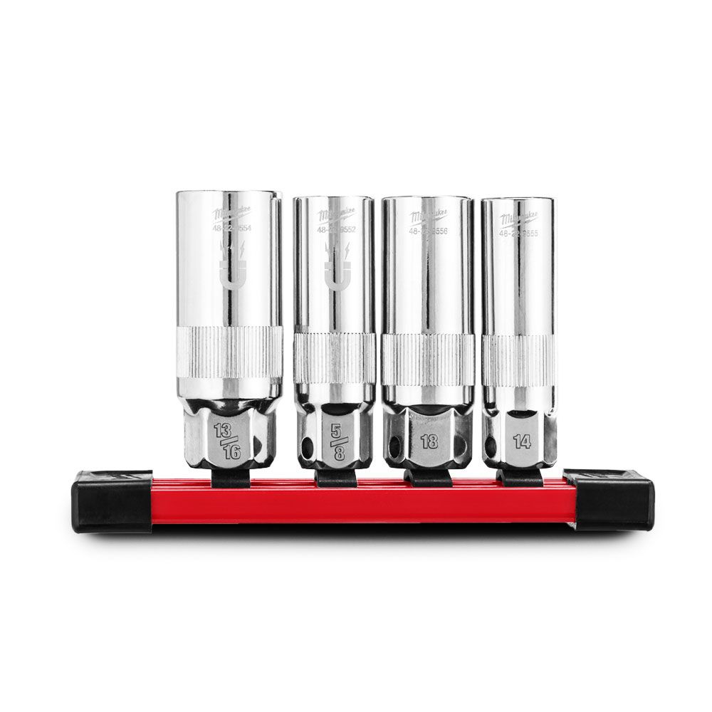 Milwaukee 48229195 4pce 3/8'' Drive Spark Plug Socket Set on Rail