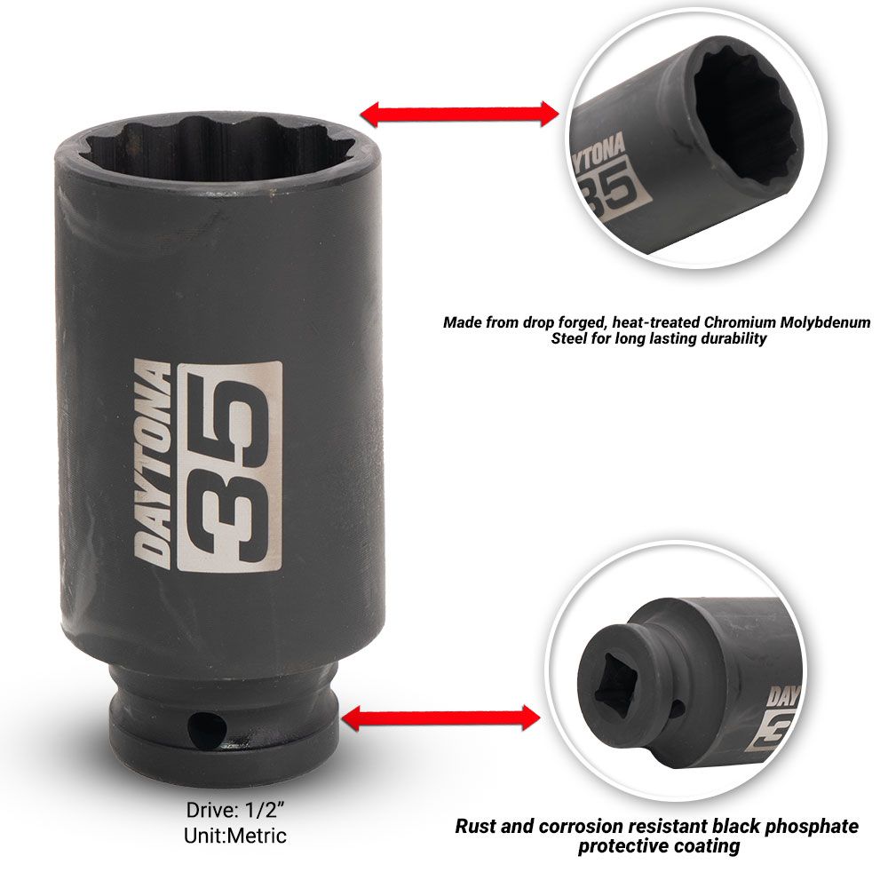 Daytona DDAS35MM 35mm 1/2" Drive 12 Point Deep Axle Nut Socket