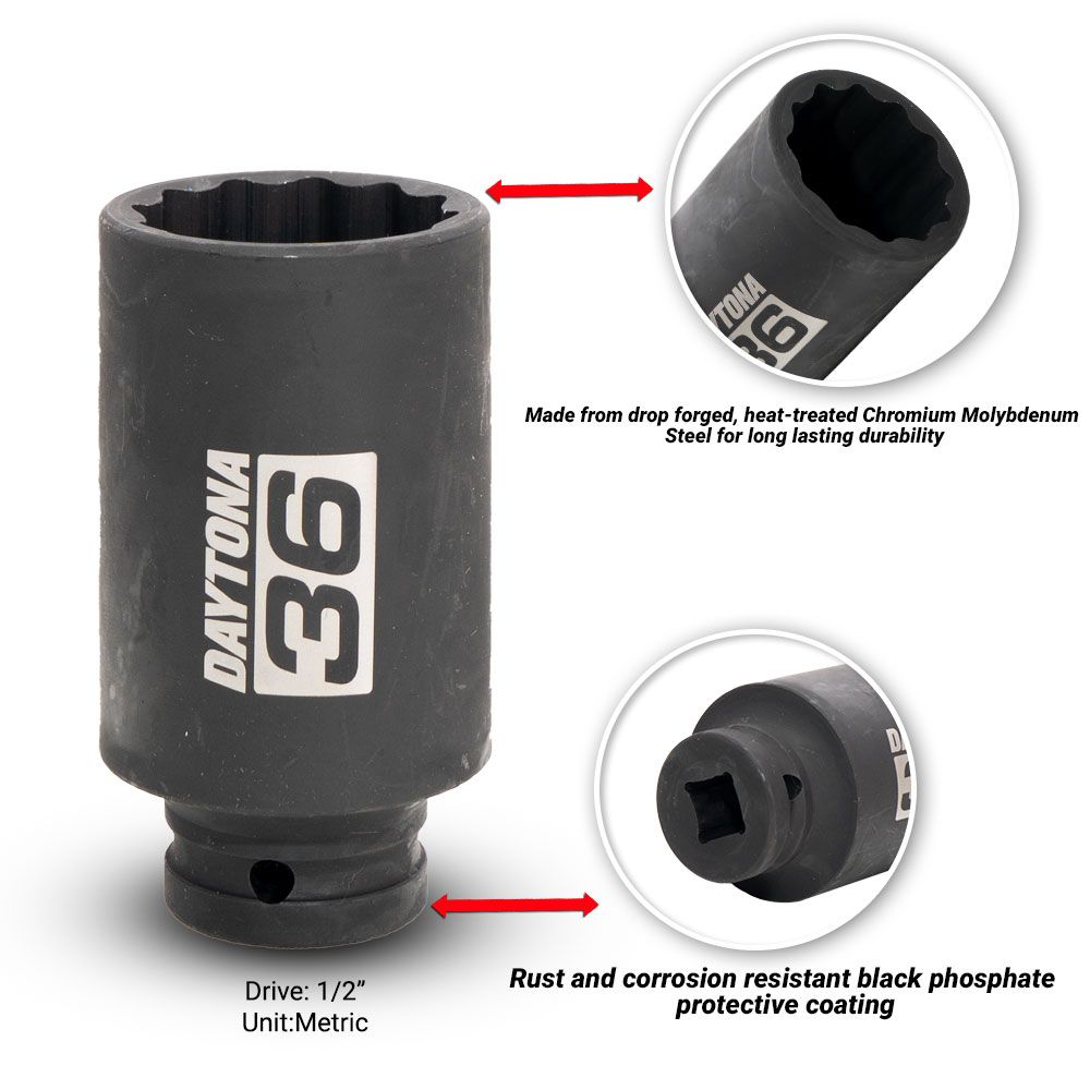 Daytona DDAS36MM 36mm 1/2" Drive 12 Point Deep Axle Nut Socket