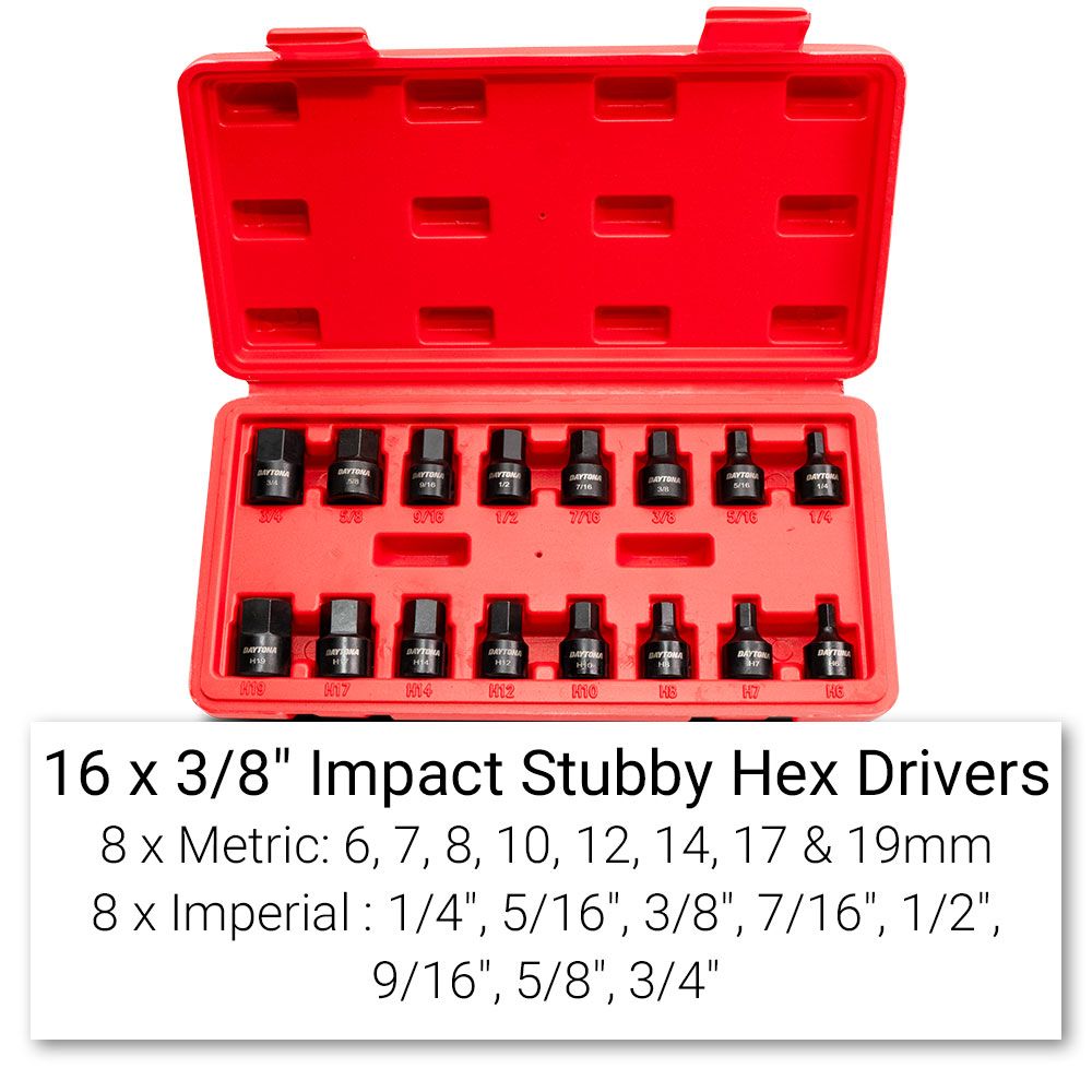 Daytona DSH1638 16pce 3/8" Impact Stubby Hex Driver Set
