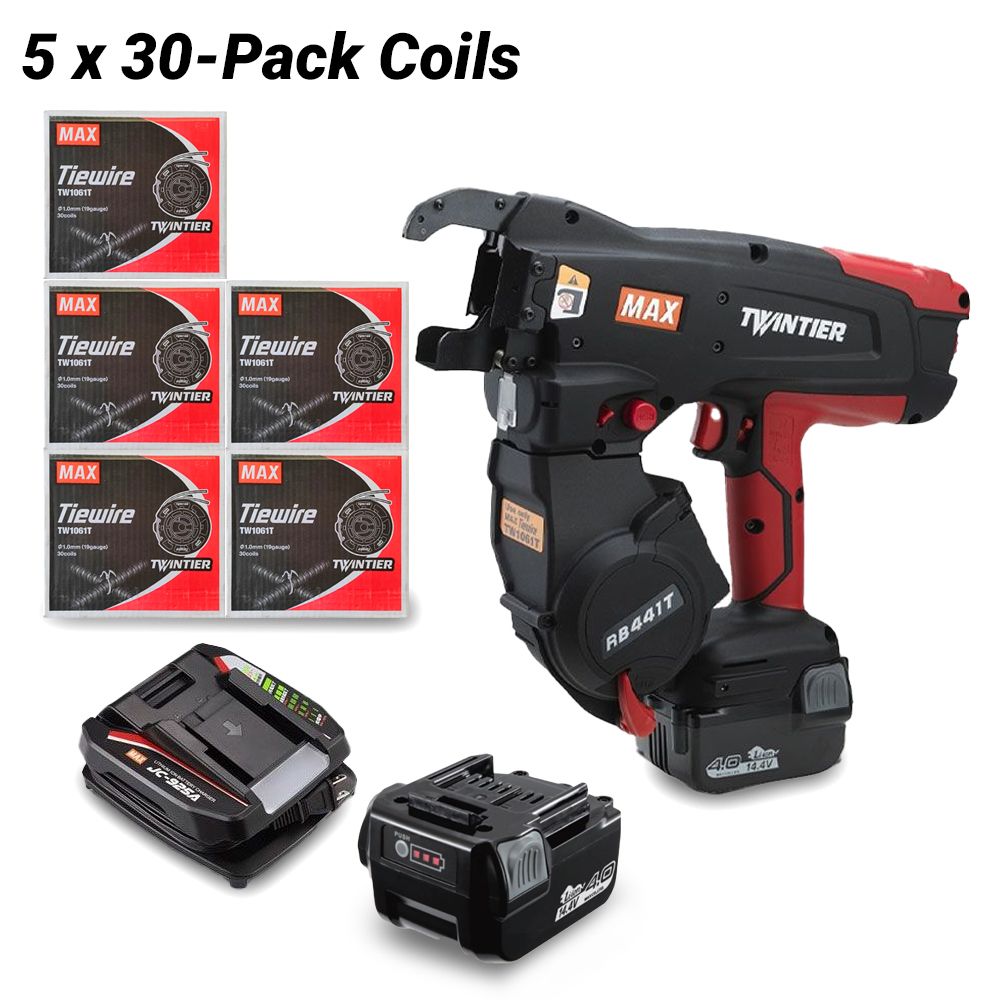MAX RB441TCE + TW1061T 14.4V 4.0Ah Li-ion Cordless Brushless Rebar Tying Machine Combo Kit + 5 x ...