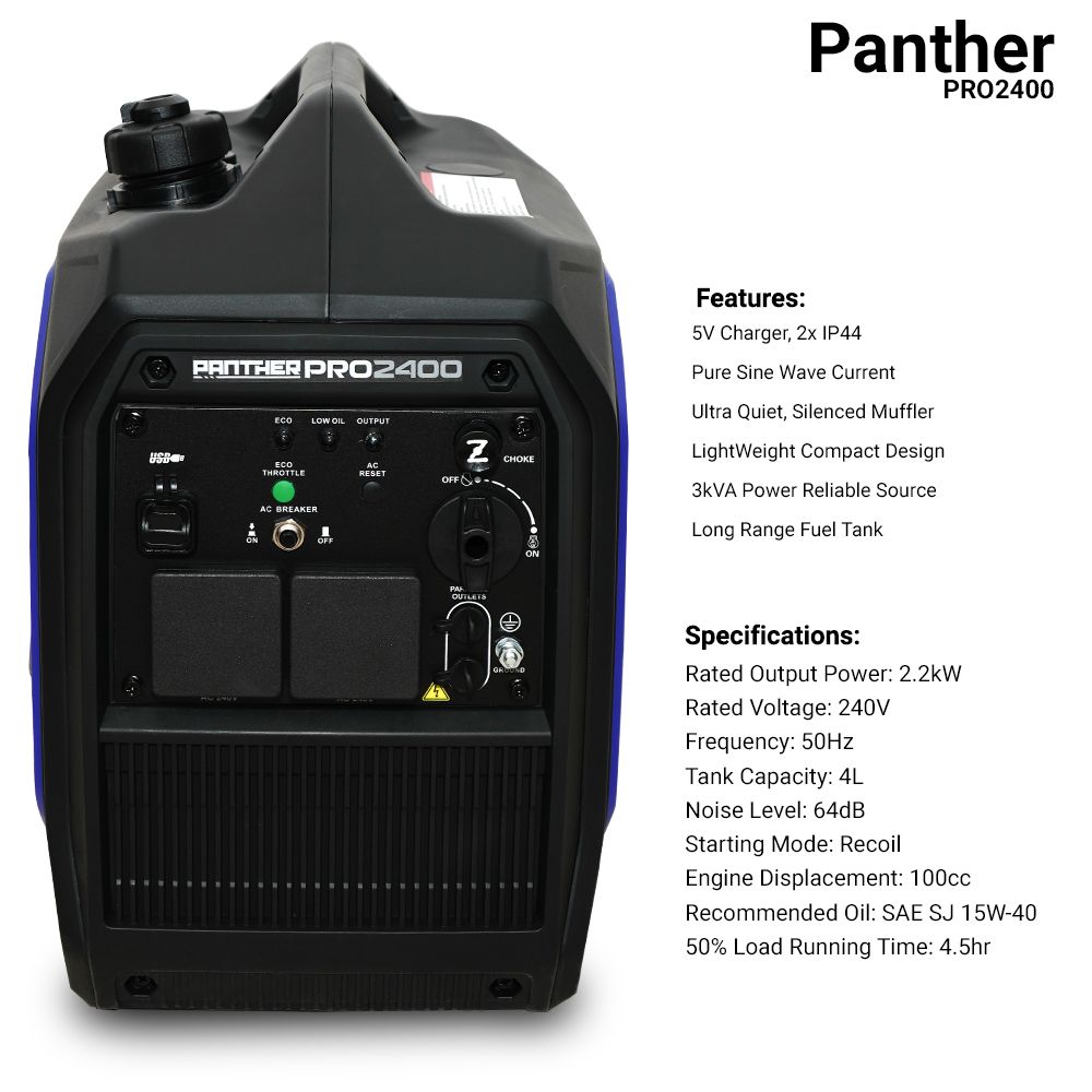 Panther PRO2400 3kVA 2400W Ultra Quiet Compact Inverter Generator