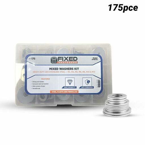 Fixed Fasteners FFW175 175pce Heavy Duty Stainless Steel Mixed Washer Kit