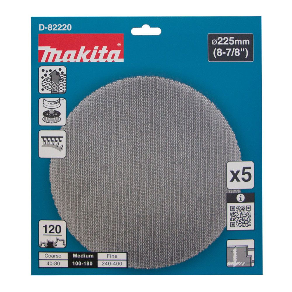 Makita D-82220 5-Pack 225mm 120# Drywall Mesh Sanding Disc - Medium